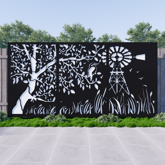 Kookaburra Windmill Privacy Screen (3 Panel Set) | Metal Decor – Metal ...
